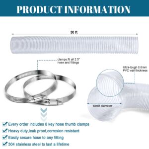 Yaocom 6 Inches 30 ft PVC Dust Collection Hose with Stainless Steel Hose Clamps Set Flexible Clear Vacuum Hose Puncture Resistant Fume Hose for Vacuums Cleaner Fume Dust Collection System (White)