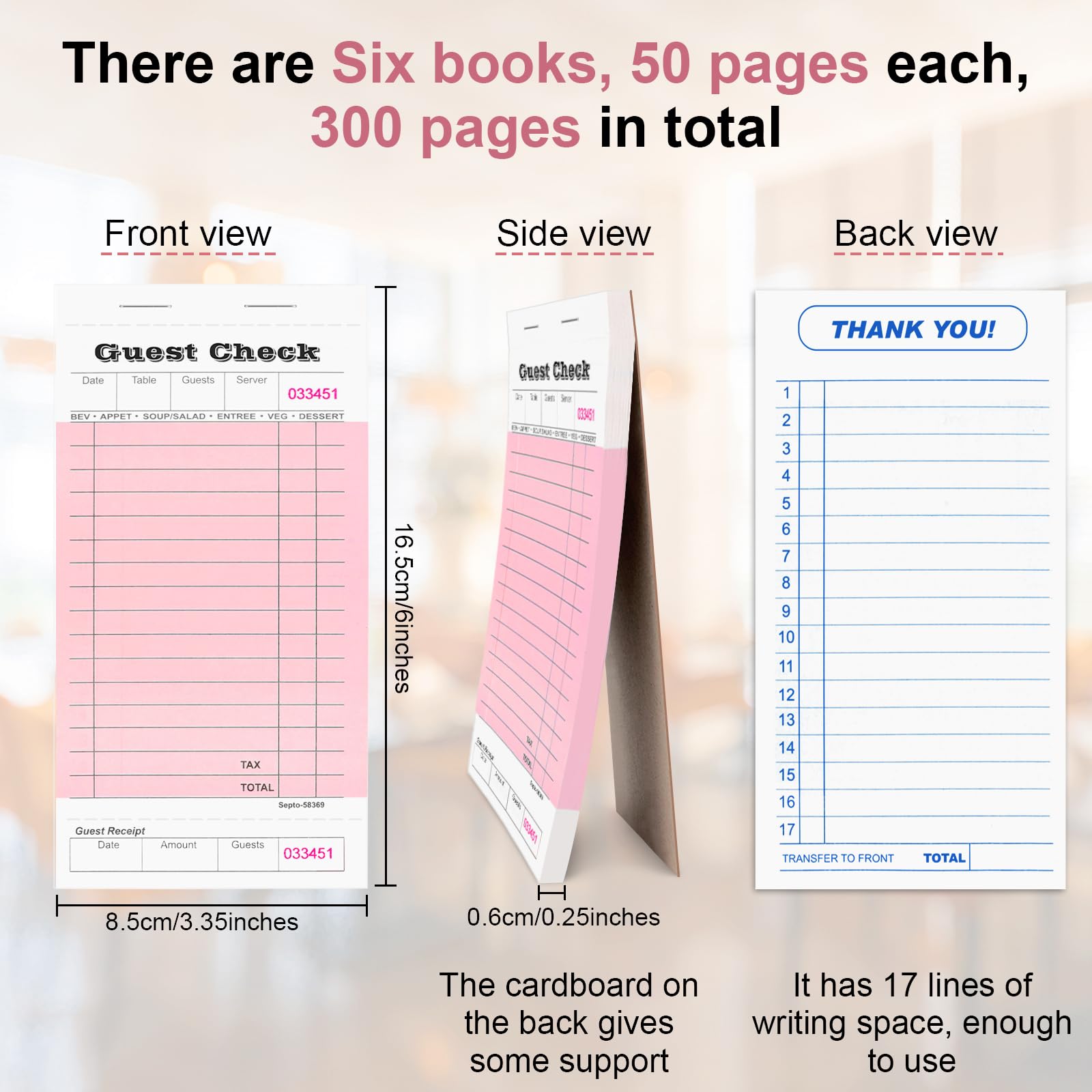 6 Pack Server Note Pads, Guest Check Books for Servers, Guest Checks Notepad for Waiter Waitress Servers, Waitress Notepad for Restaurants Food Order, 50 Sheets/Pad, Pink Guest Check