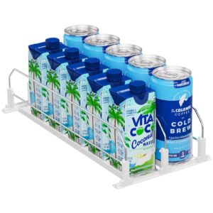 puricon drink organizer for fridge pusher glide, spring loaded fridge drink dispenser, self pushing soda can organizer for refrigerator, beer bottle beverage organizer drink holder -2 rows, white