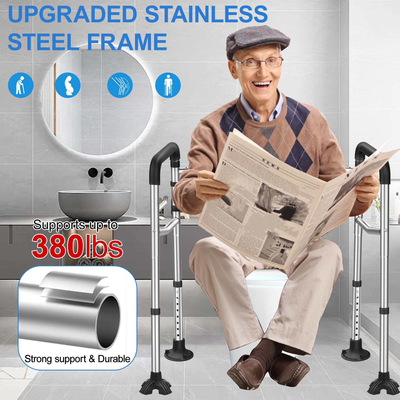 UGarden FSA/HSA Eligible Toilet Safety Rail, 380LB Stainless Steel Toilet Frame with Padded Handles&Paper Holder, Adjustable Detachable Handicap Toilet Rails, Foldable Toilet Support Frame for Elderly