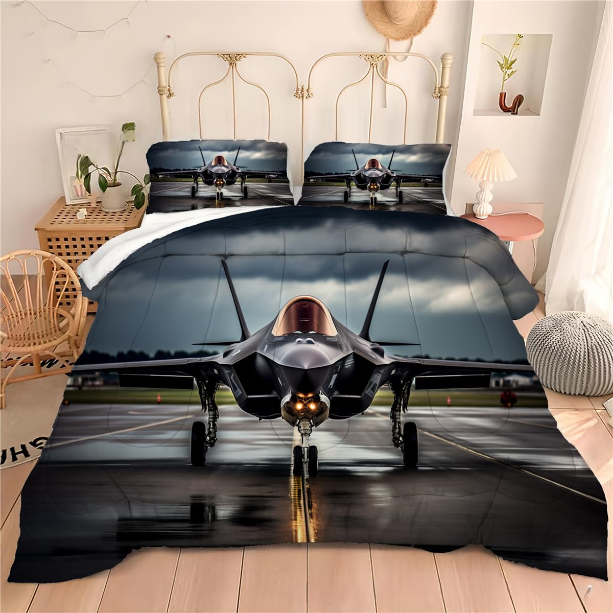 Military Jet Bedding Sets Fighter on The Runway Plane Military Theme Down Comforter for Boys Adults Men Bedroom Decor with 1 Pillow Sham Twin Size