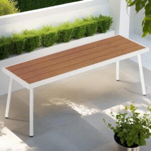 yitahome outdoor faux wood bench, weatherproof patio bench with slatted for 3, backless seat and metal frame, outside dining bench for garden, porch, 47.2 x 15.7 x 17.7 inch - teak & white