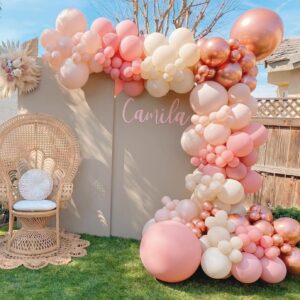 Pink Balloon Arch Kit, 120pcs Macaron Pink Balloon Garland Arch Kit, Orange Apricot and Metallic Rose Gold Balloon for Girls Boho Balloon Arch for Baby Bridal Shower, Birthday Party and Princess Theme