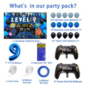 Vlipoeasn 90PCS 9th Birthday Video Game Party Decorations for Boys Set Blue 9th Birthday Supplies -9th Video Game Backdrop, Balloons, Tablecloth, Gamer and 9 Foil Balloons for 9th Birthday Party