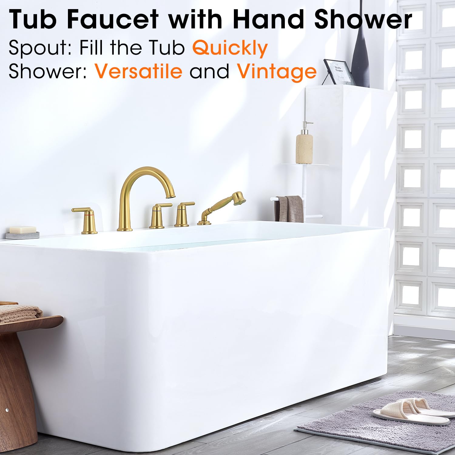 Wintap Roman Tub Faucet with Sprayer, 5 Hole Widespread Deck Mount Bathtub Faucet with Valve Classic High Arch Gooseneck Bath Tub Faucet Set with Diverter High Flow Tub Filler Brushed Gold WT-9809BG