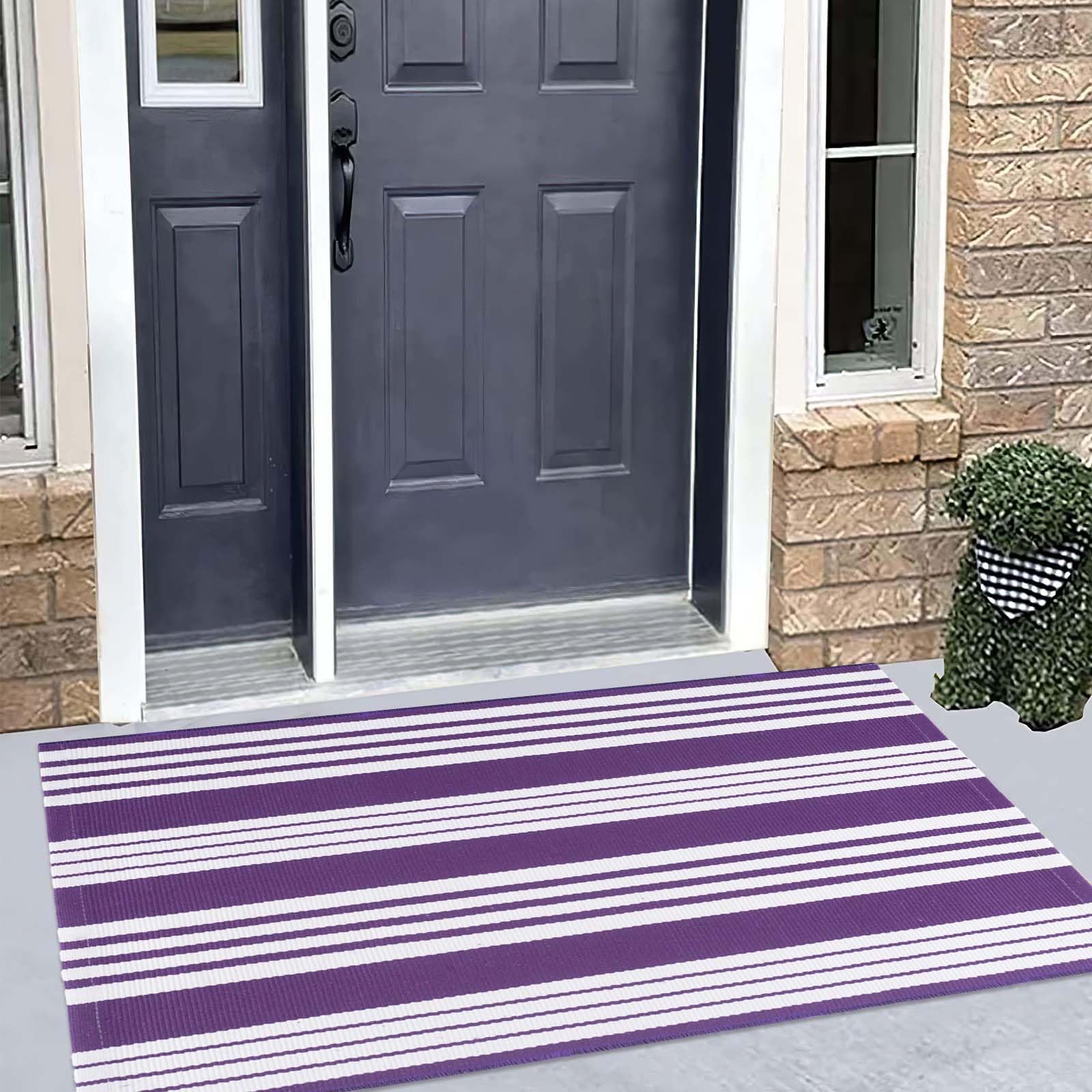 Purple and White Striped Outdoor Rug 24'' x 51''Outdoor Front Porch Rug Hand-Woven Machine Washable Indoor/Outdoor Layered Door Mats for Entryway/Bedroom/Outdoor