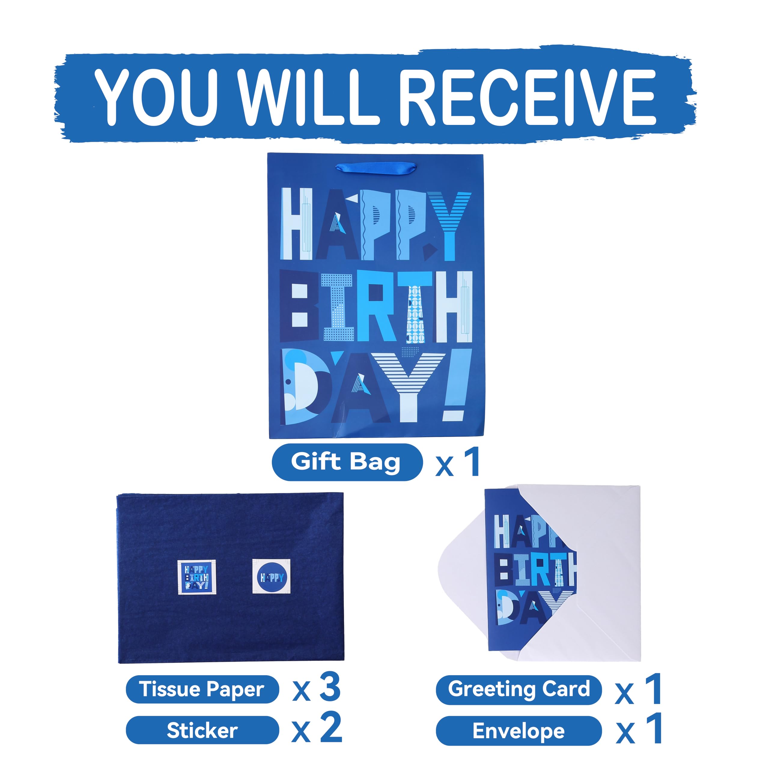 16.5” Extra Large Blue Gift Bags Set with Greeting Card and Tissue Papers (Blue Happy Birthday) for Men's Birthday Party, Kids' Parties, Baby Shower, or Baby Boy - 16.5”x5.5”x12.6”, 1 Pcs