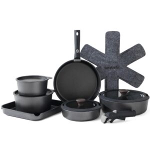 sensarte 17 piece pots and pans set, nonstick detachable handle cookware, induction kitchen cookware set with removable handle, healthy non stick rv cookware, dishwasher ＆ oven safe, pfoa free (black)