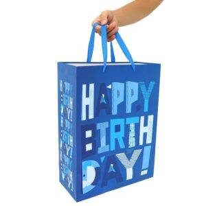 16.5” Extra Large Blue Gift Bags Set with Greeting Card and Tissue Papers (Blue Happy Birthday) for Men's Birthday Party, Kids' Parties, Baby Shower, or Baby Boy - 16.5”x5.5”x12.6”, 1 Pcs