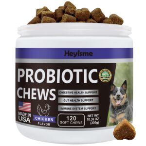 heyisme probiotics for dogs, improve yeast balance, itchy skin itchy ears, gut health, allergies, immunity, dog probiotics and digestive enzymes with prebiotics - reduce diarrhea (chicken, 120 chews)