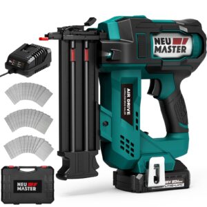 neu master nail gun battery powered, cordless nail gun-18ga 2 inch nail with depth adjustment/1800pcs nails, multi-usage brad nailer for trim, molding, woodwork, diy upholstery-20v battery&charger