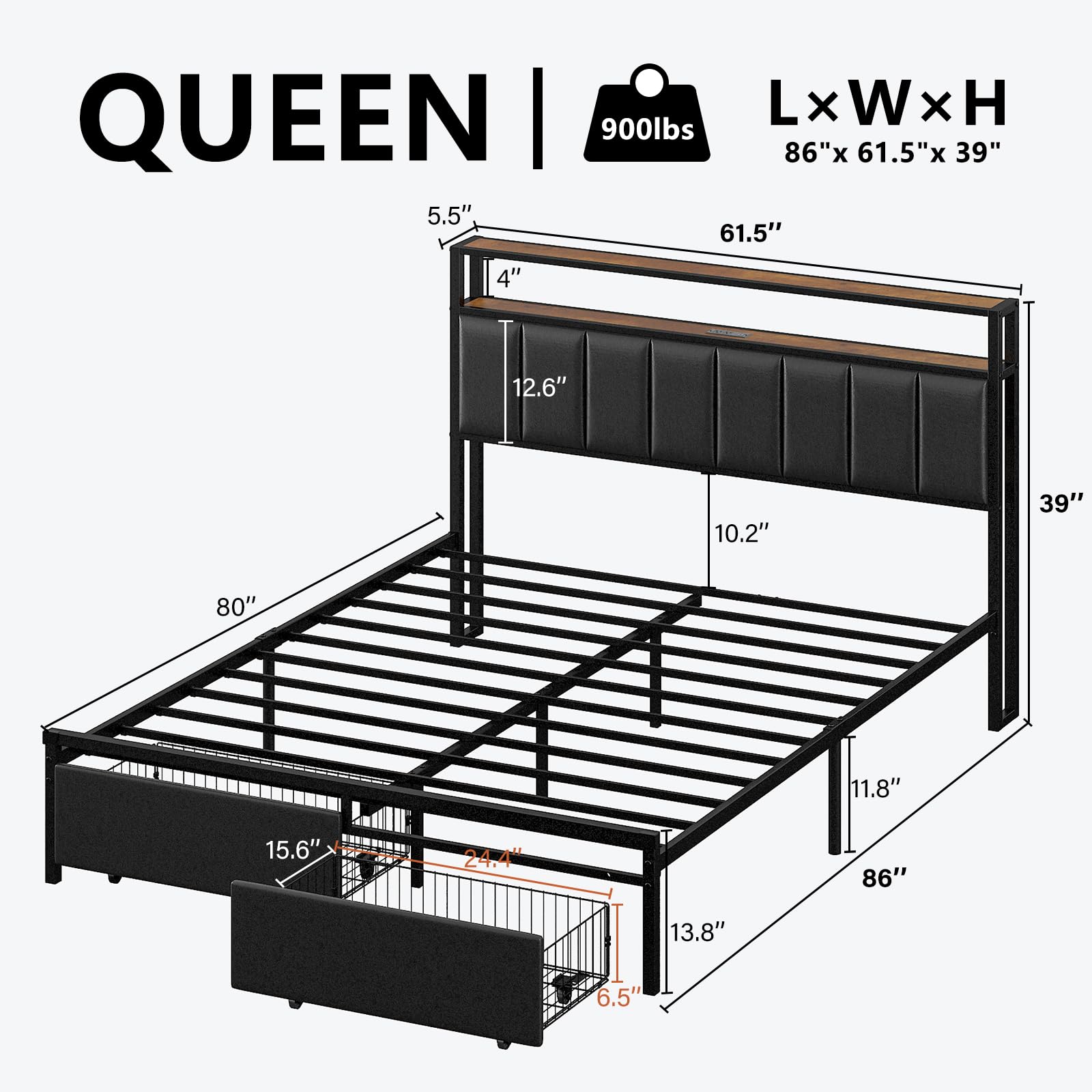 LUXOAK Queen Bed Frame with 2 Storage Drawers, 2-Tier Storage PU Headboard with Charging Station& LED Lights, Metal Platform Bed/No Box Spring Needed/Noise Free/Black