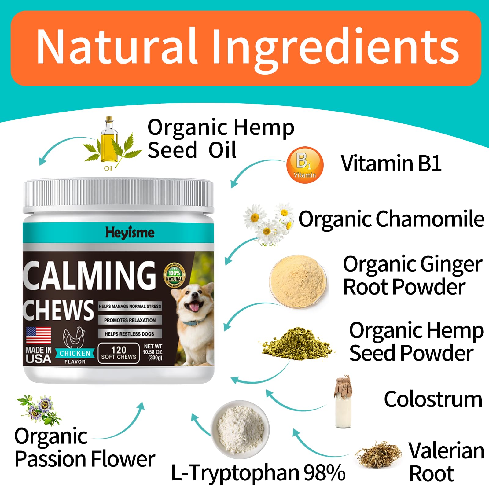 HEYISME Calming Chews for Dogs, Dog Calming Treats with Hemp, Valerian Root, Organic Chamomile, Dog Anxiety Relief Aid with Thunder, Fireworks, Separation, Barking, Stress Relief (Chicken, 120 Chews)