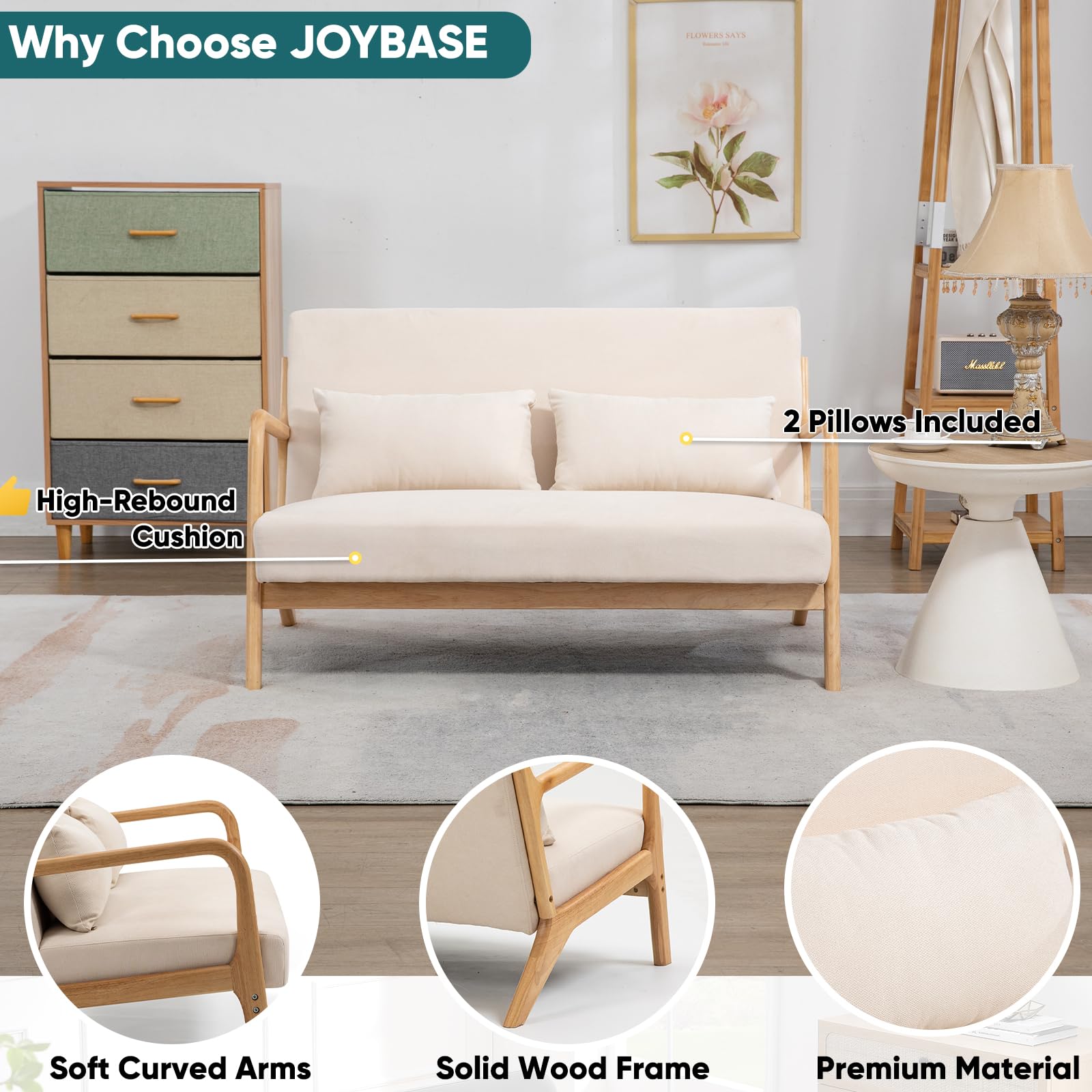 JOYBASE 45.7" W Small Loveseat Couch Sofa, Mid-Century Modern Love Seat Couch with Armrests for Living Room, Small Space, Apartment, Bedroom (Beige, Fabric)