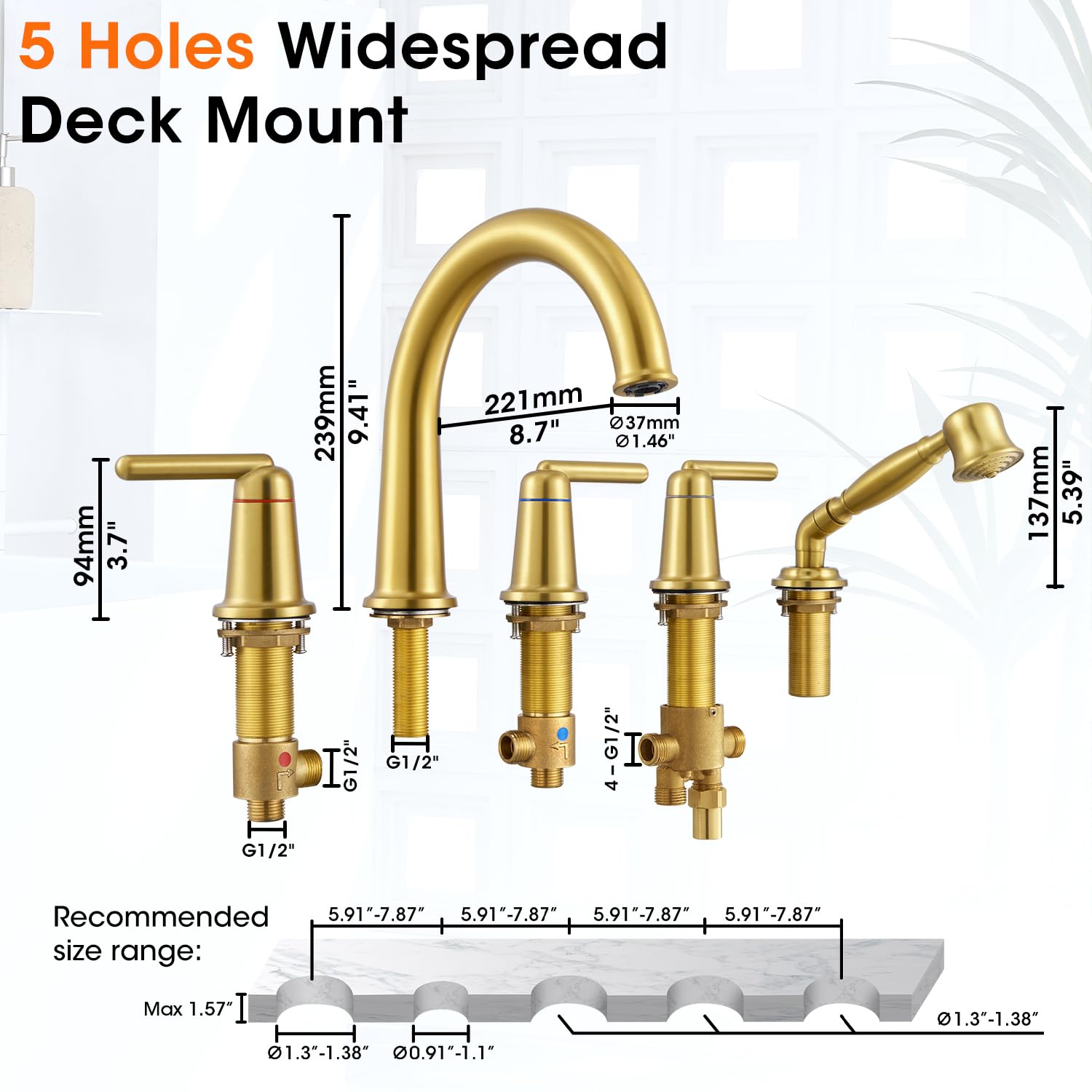 Wintap Roman Tub Faucet with Sprayer, 5 Hole Widespread Deck Mount Bathtub Faucet with Valve Classic High Arch Gooseneck Bath Tub Faucet Set with Diverter High Flow Tub Filler Brushed Gold WT-9809BG