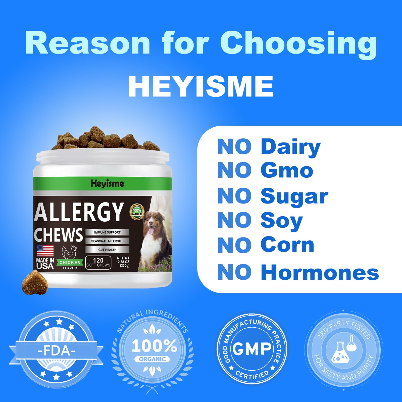 HEYISME Dog Allergy Relief Chews, Itch Relief and Probiotics for Dogs, Fish Oil Omega 3, Seasonal Allergies, Itchy Skin Relief, Anti Itch Treats, Immune Health Supplement (Chicken, 120 Chews)