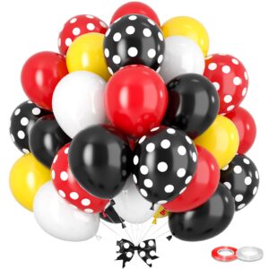 gremag red yellow black balloons, 12inch black yellow red white polka dot balloon kit with ribbons, 60 pcs latex balloons for cartoon mouse theme party birthday baby shower anniversary graduation