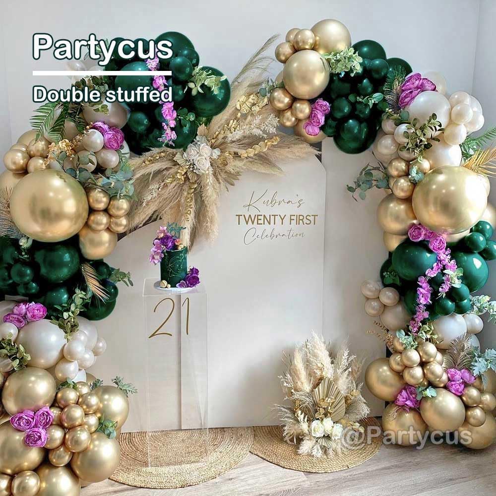 Emerald Green Balloon Garland Double Stuffed Dark Green White Pearl Balloon Forest Green Ivory Gold Balloon Arch Kit for Birthday Wedding Anniversary Graduation Christmas Party Decoration