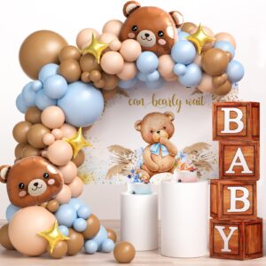 117 teddy bear baby shower decorations for boy birthday supplies brown blue balloon garland kit wood grain boxes with letters bearly wait backdrop bear theme baby shower decor