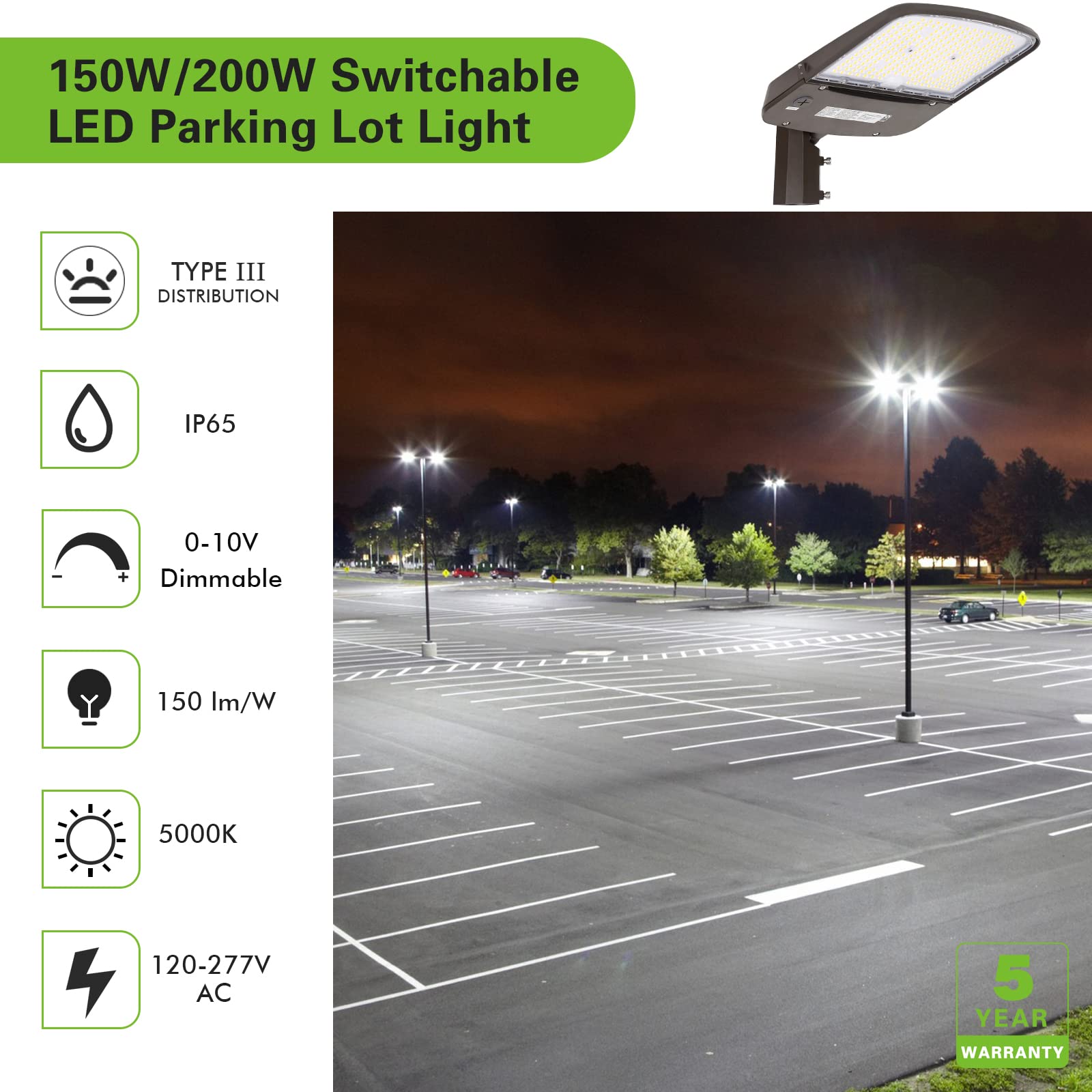 3 Pack LED 150W/200W Switchable Parking Lot Light, 150LM/W LED Street Lighting with Photocell [400W-600W HPS Equiv.] 5000K 100-277V, 5000K Commercial Adjustable Slip Fitter Mount LED Shoebox Light