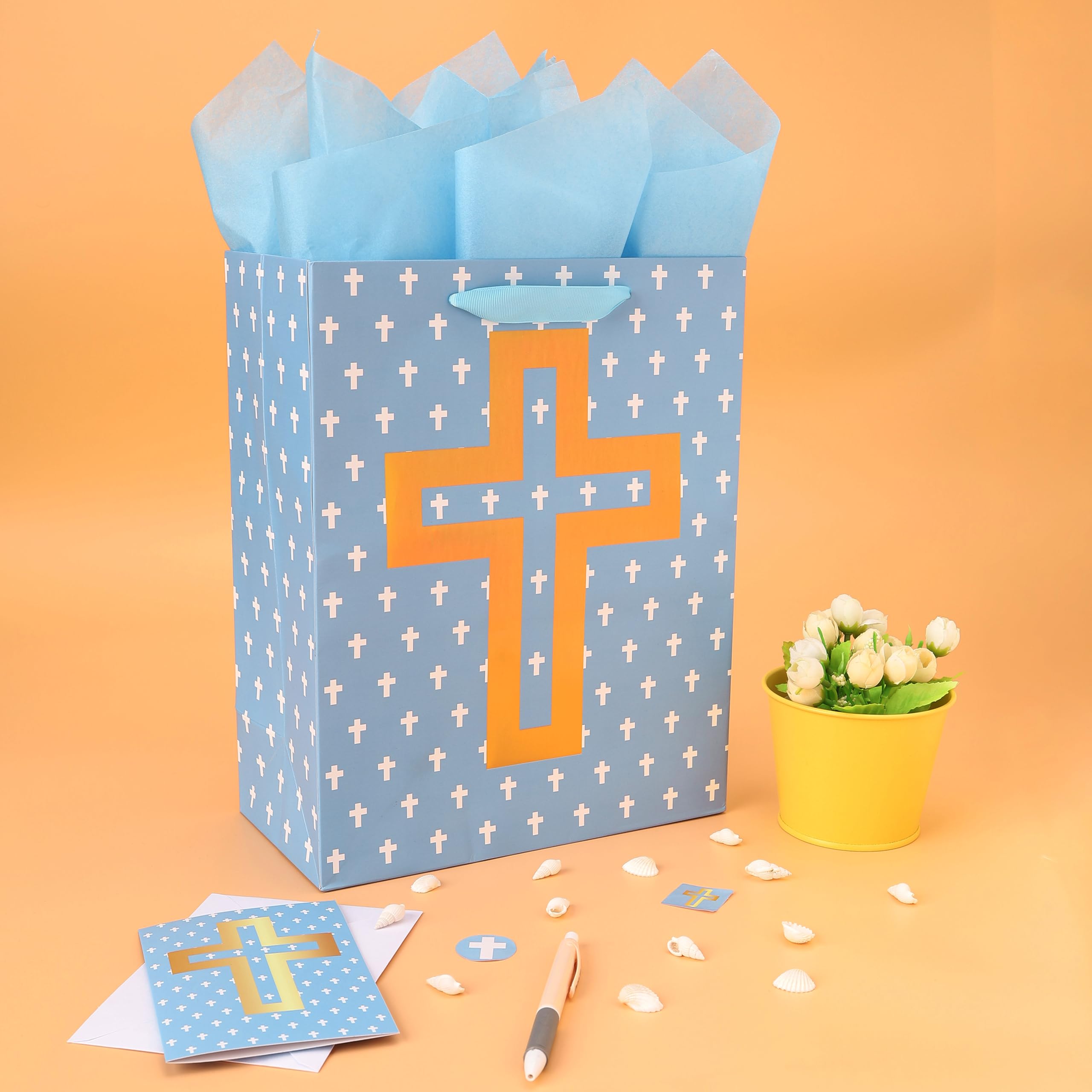 13" Large Blue Gift Bag Set with Greeting Card and Tissue Papers (Foil Cross Design), Tissue Paper for First Communions, Halloween, Christmas, Baby Boy Baptisms, Christenings, Religious