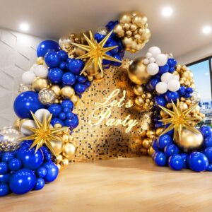 fotiomrg 136pcs royal blue and gold balloons arch garland kit with star foil balloons, 5 10 12 18 inch navy blue white and gold balloon for anniversary wedding new year birthday party decorations