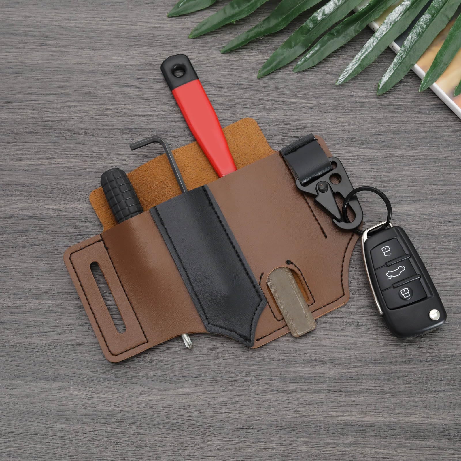 ECSiNG Leather Belt Sheath with Key Holder & Pens Clip & Flashlight Holster Multitool EDC Pocket Organizer Sheath Pouch for Men Brown