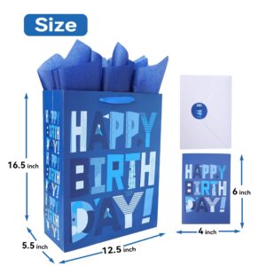 16.5” Extra Large Blue Gift Bags Set with Greeting Card and Tissue Papers (Blue Happy Birthday) for Men's Birthday Party, Kids' Parties, Baby Shower, or Baby Boy - 16.5”x5.5”x12.6”, 1 Pcs