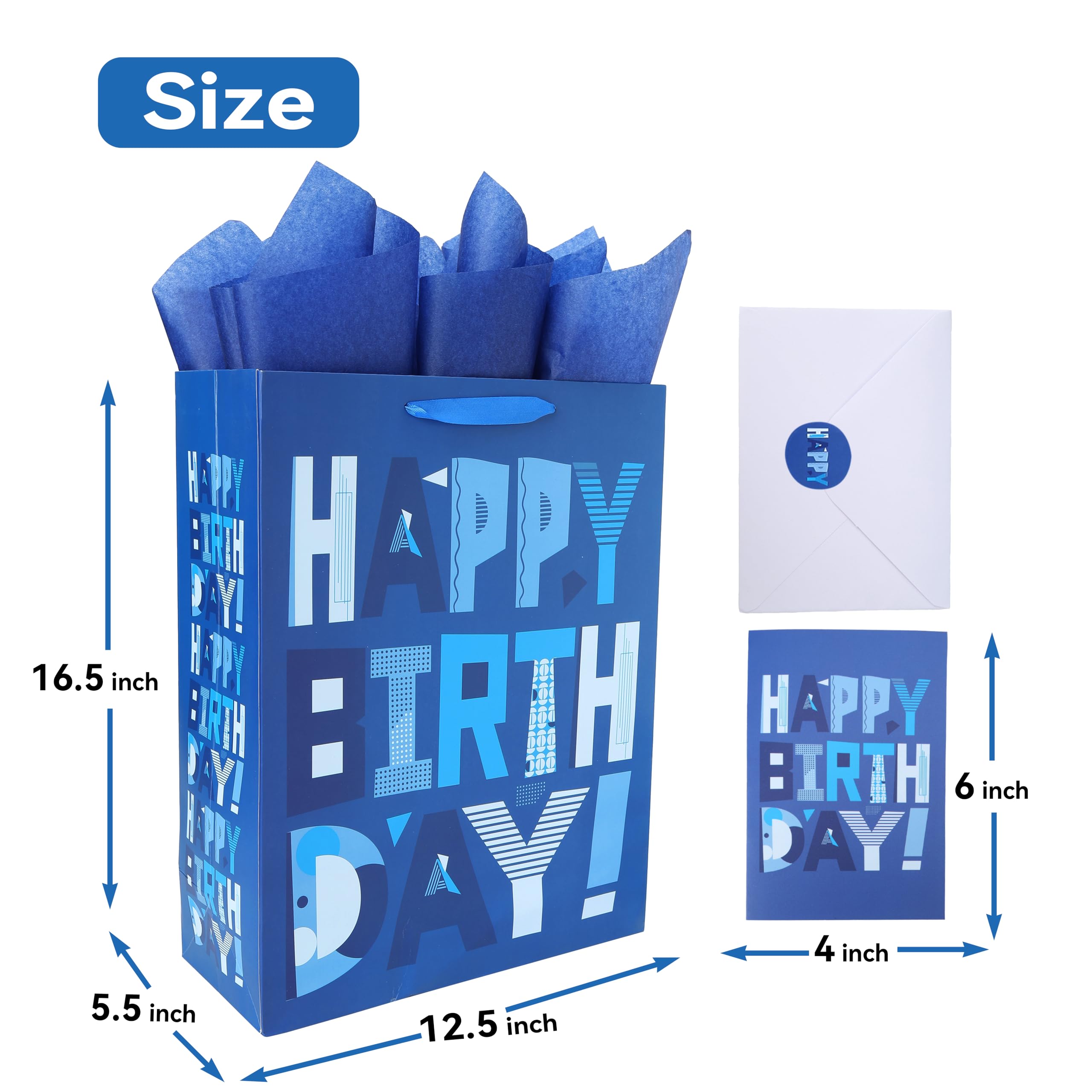 16.5” Extra Large Blue Gift Bags Set with Greeting Card and Tissue Papers (Blue Happy Birthday) for Men's Birthday Party, Kids' Parties, Baby Shower, or Baby Boy - 16.5”x5.5”x12.6”, 1 Pcs