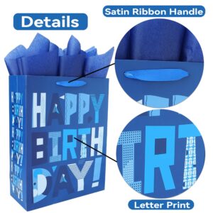 16.5” Extra Large Blue Gift Bags Set with Greeting Card and Tissue Papers (Blue Happy Birthday) for Men's Birthday Party, Kids' Parties, Baby Shower, or Baby Boy - 16.5”x5.5”x12.6”, 1 Pcs