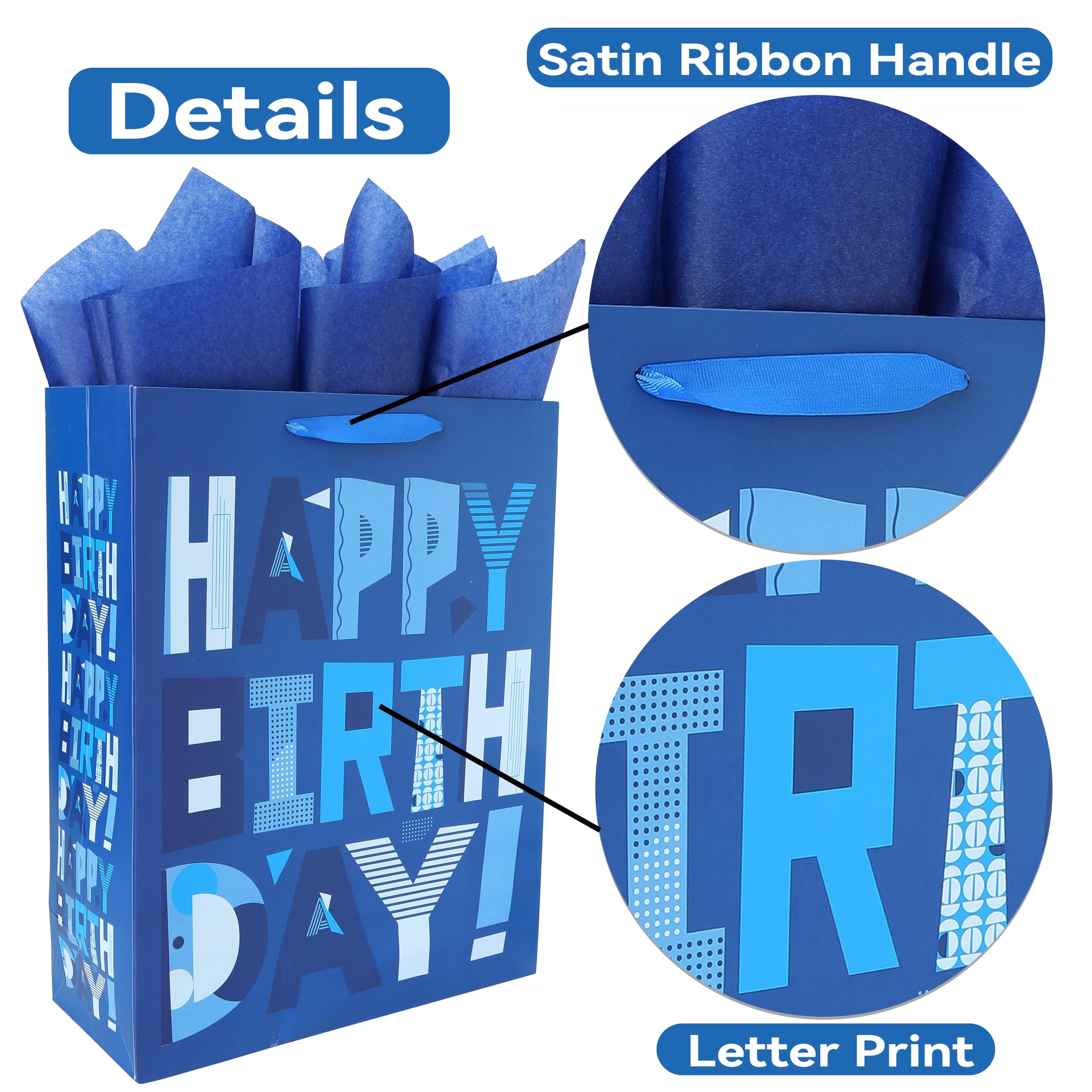 16.5” Extra Large Blue Gift Bags Set with Greeting Card and Tissue Papers (Blue Happy Birthday) for Men's Birthday Party, Kids' Parties, Baby Shower, or Baby Boy - 16.5”x5.5”x12.6”, 1 Pcs