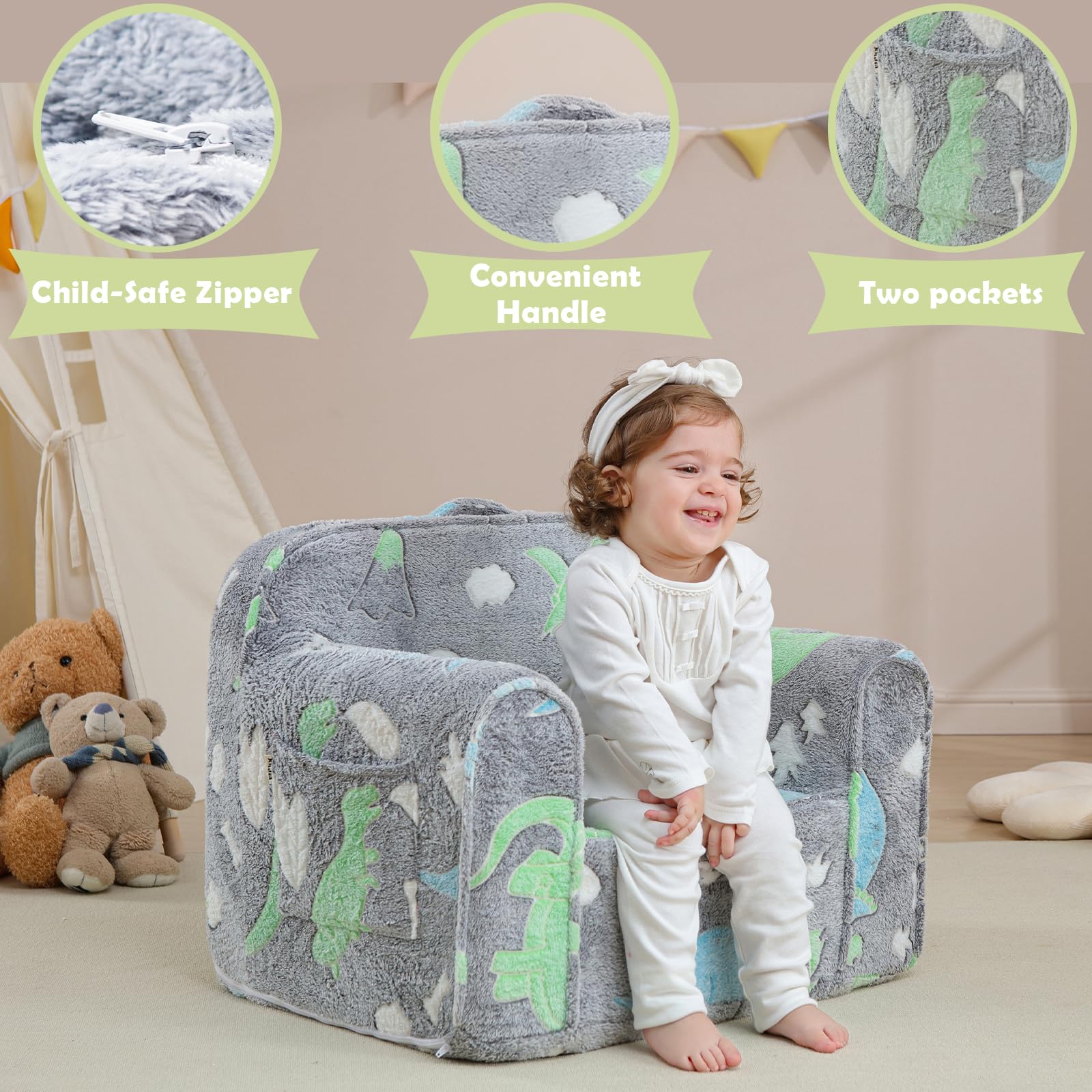 Comfy Toddler Chair Kids Chair,Toddler Foam Chair,Kids Armchair Toddler Couch Baby Kids Sofa Reading Chair with Glow in The Dark(Glow Dino)