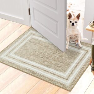 sungea bordered indoor door mat 2x3,non-slip machine washable entryway rug,low-pile faux wool super soft front door rug,foldable area rugs for bathroom stair(tan)