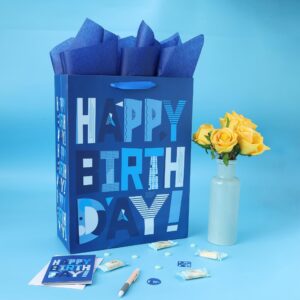 16.5” Extra Large Blue Gift Bags Set with Greeting Card and Tissue Papers (Blue Happy Birthday) for Men's Birthday Party, Kids' Parties, Baby Shower, or Baby Boy - 16.5”x5.5”x12.6”, 1 Pcs