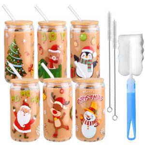 6 pieces christmas can glass 16oz coffee glass cup with bamboo lid and straw santa claus, elk, christmas tree can glass for for water, juice, milk, beer, whiskey, vodka and christmas party