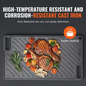 VEVOR Reversible Grill/Griddle, 9.7"x16.7" Pre-Seasoned Cast Iron Griddle, Rectangular Double Burner Griddle Pan, Non-Stick Family Pan Cookware with Handles, Flat Top Plate for BBQ, Gas Grill, Black