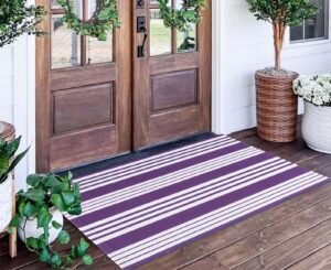 purple and white striped outdoor rug 24'' x 51''outdoor front porch rug hand-woven machine washable indoor/outdoor layered door mats for entryway/bedroom/outdoor