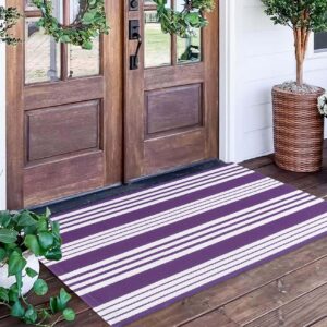 Purple and White Striped Outdoor Rug 24'' x 51''Outdoor Front Porch Rug Hand-Woven Machine Washable Indoor/Outdoor Layered Door Mats for Entryway/Bedroom/Outdoor