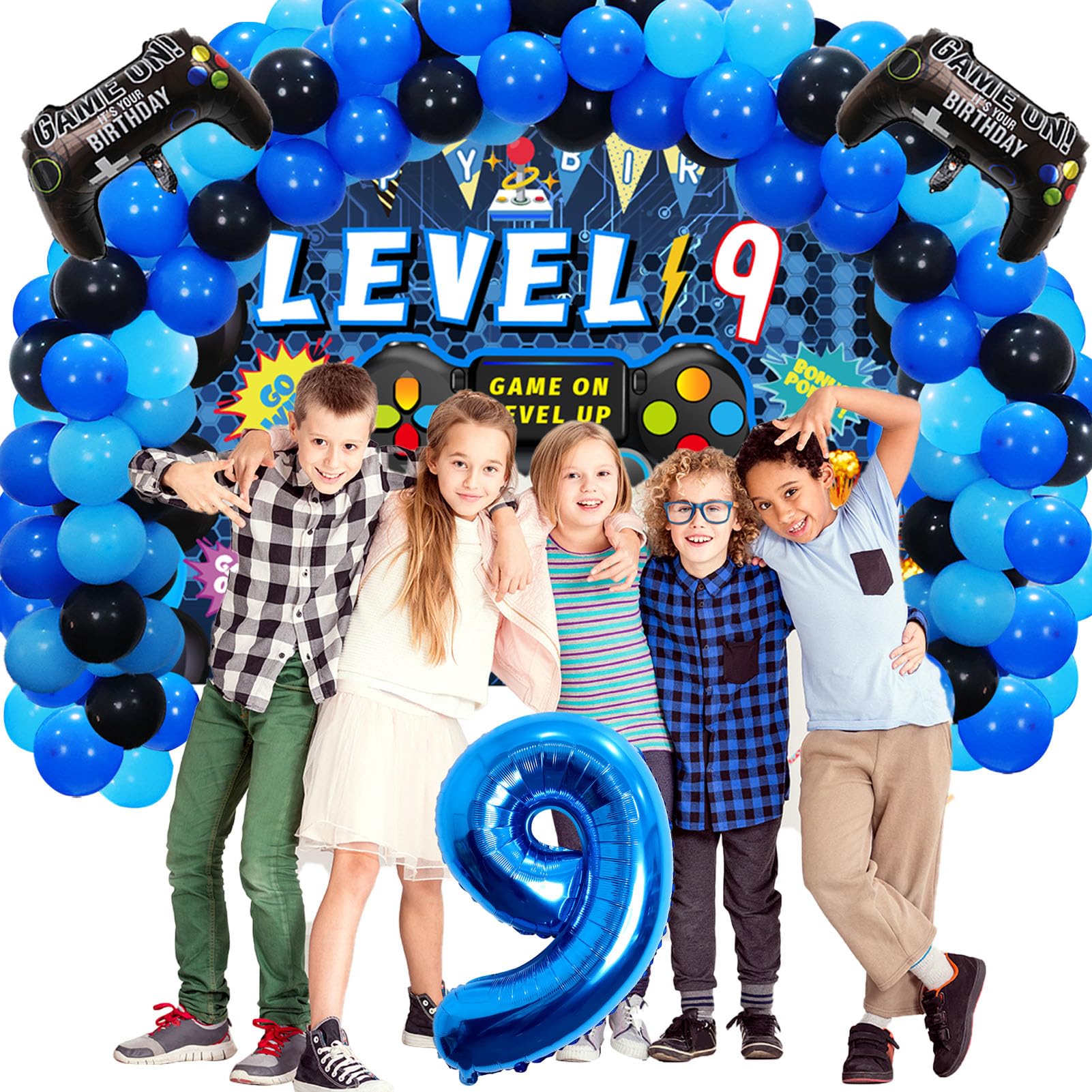 Vlipoeasn 90PCS 9th Birthday Video Game Party Decorations for Boys Set Blue 9th Birthday Supplies -9th Video Game Backdrop, Balloons, Tablecloth, Gamer and 9 Foil Balloons for 9th Birthday Party