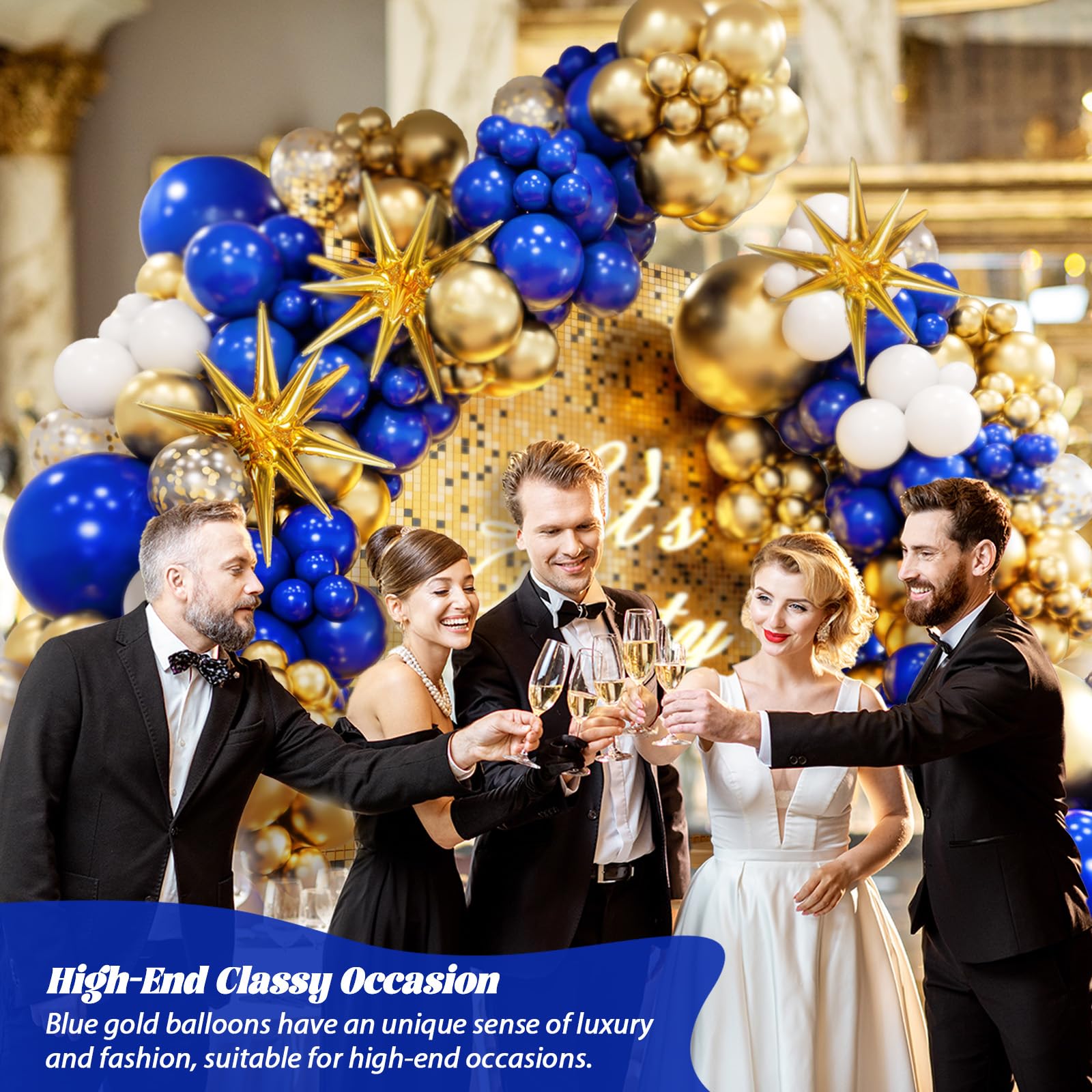 FOTIOMRG 136pcs Royal Blue and Gold Balloons Arch Garland Kit with Star Foil Balloons, 5 10 12 18 inch Navy Blue White and Gold Balloon for Anniversary Wedding New Year Birthday Party Decorations