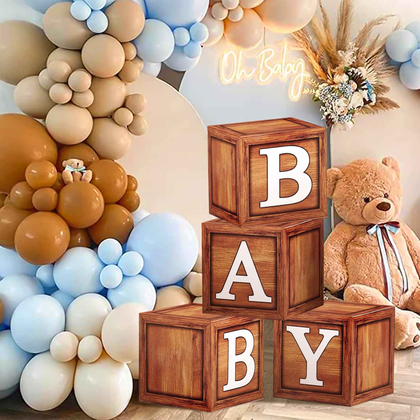 117 Teddy Bear Baby Shower Decorations for Boy Birthday Supplies Brown Blue Balloon Garland Kit Wood Grain Boxes with Letters Bearly Wait Backdrop Bear Theme Baby Shower Decor