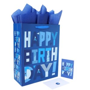 16.5” extra large blue gift bags set with greeting card and tissue papers (blue happy birthday) for men's birthday party, kids' parties, baby shower, or baby boy - 16.5”x5.5”x12.6”, 1 pcs