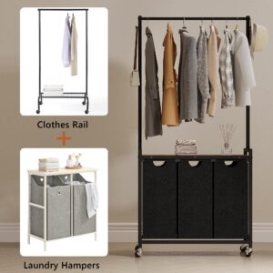 TRIFEBLE Laundry Sorter with Clothes Rack, Laundry Hamper 3 Section with Shelf, Laundry Basket with Rolling Lockable Wheels, Pull-Out and Removable Oxford Fabric Laundry Bags, Rustic Brown and Black