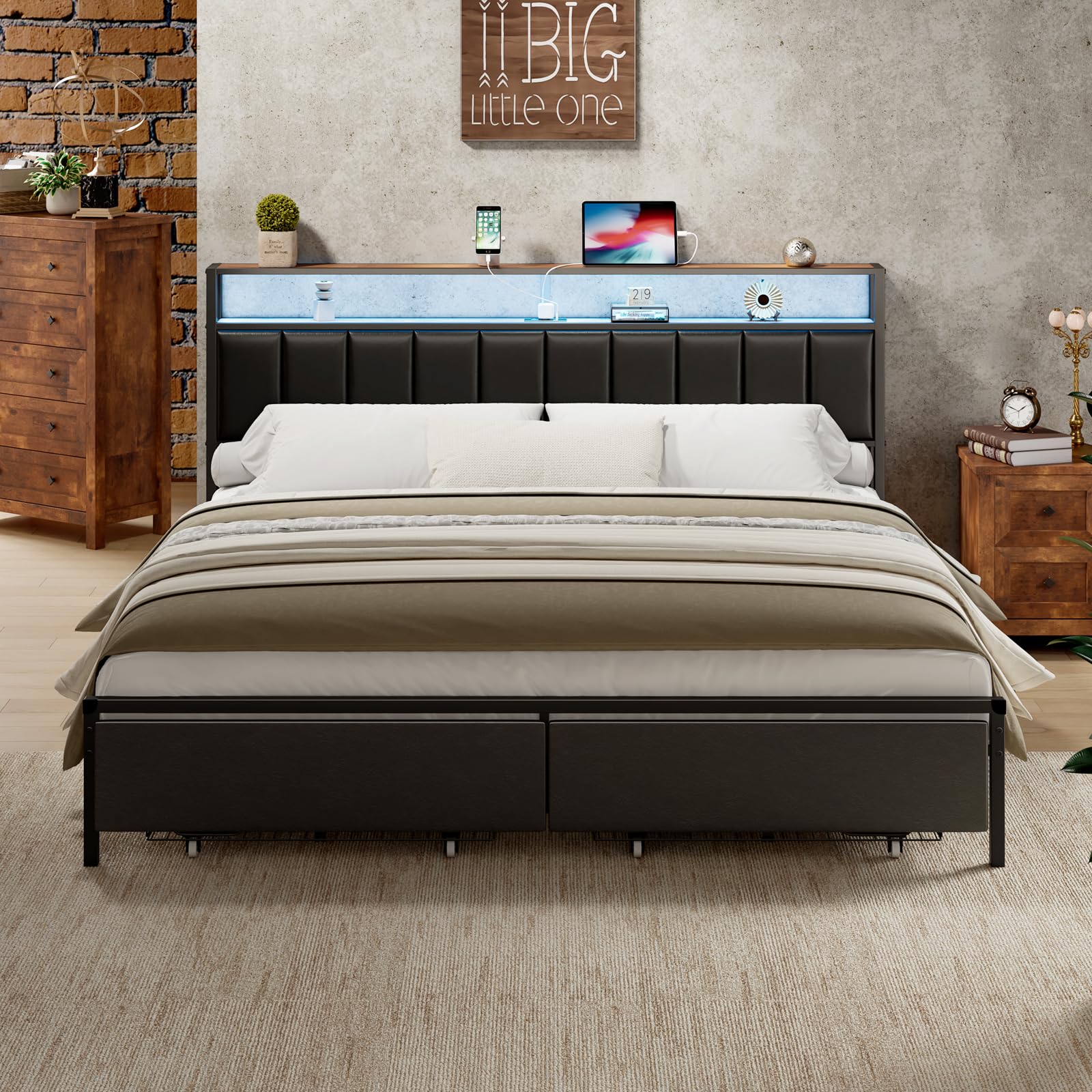 LUXOAK Queen Bed Frame with 2 Storage Drawers, 2-Tier Storage PU Headboard with Charging Station& LED Lights, Metal Platform Bed/No Box Spring Needed/Noise Free/Black