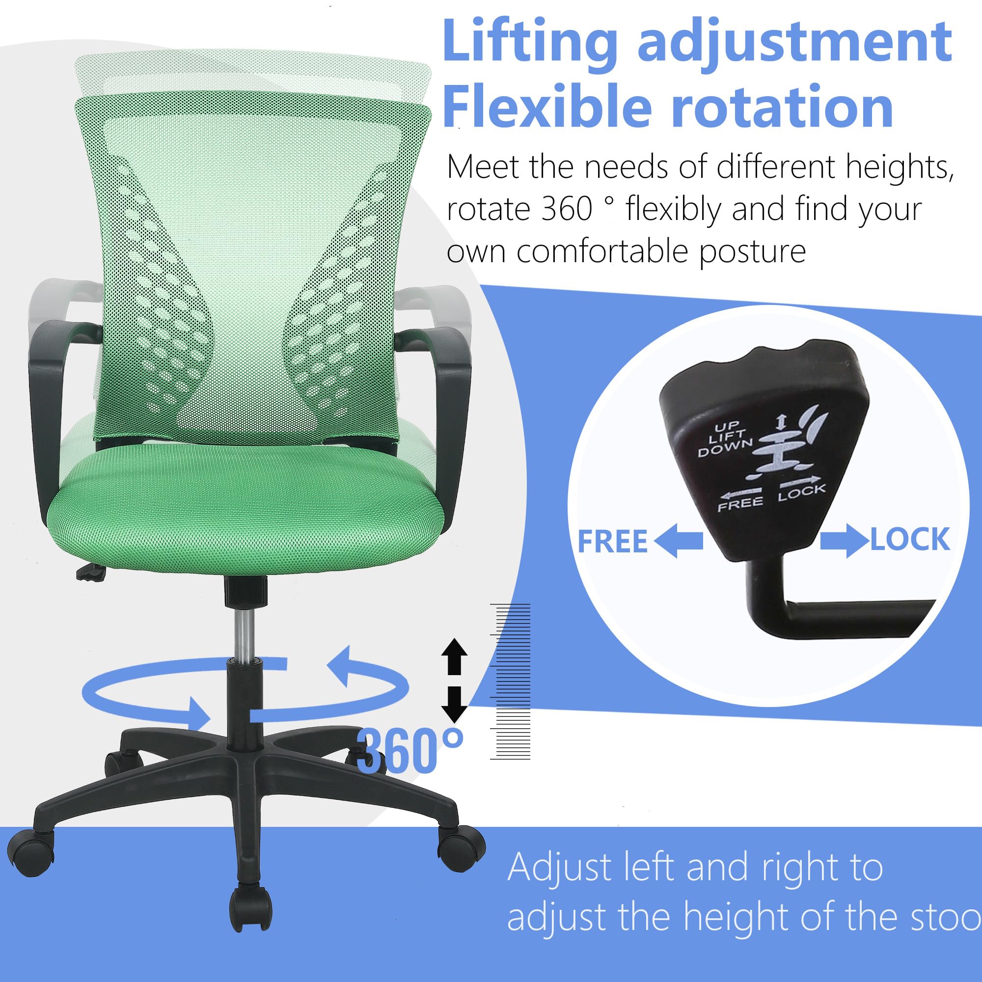 PayLessHere Office Chair Desk Chair Computer Chair Ergonomic Chair Adjustable Executive Mesh Mid Back with 360 Degree Swivel Wheels Lumbar Support Armrest, Green