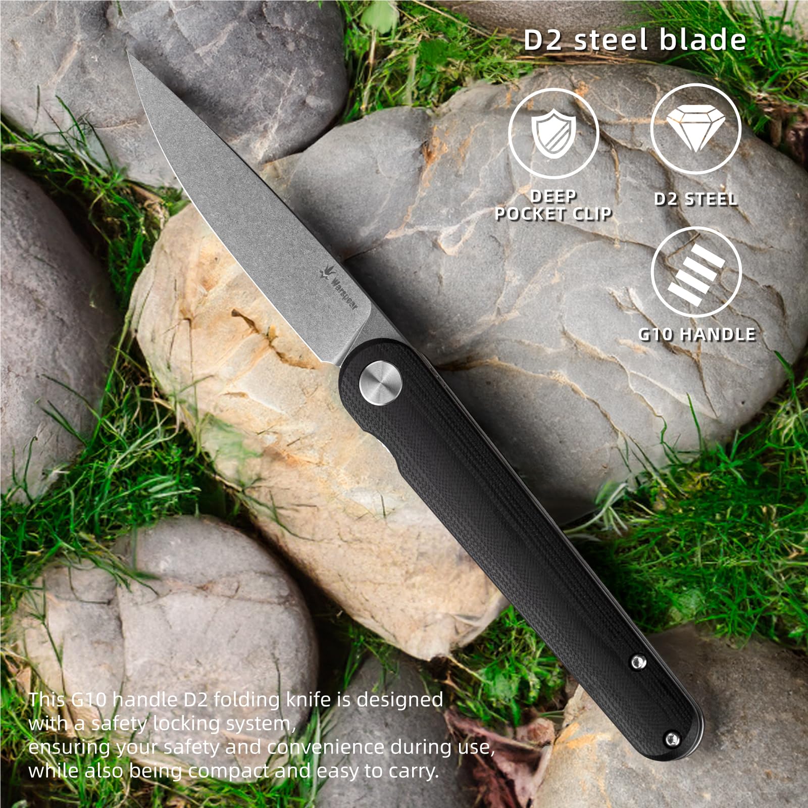 Warspear Terima Front Flipper Folding Knife 3.5" Stonewshed D2 Blade Black G10 Handle Camping Hiking Pocket Knife With Deep Carry Clip Outdoor EDC WP901WBK