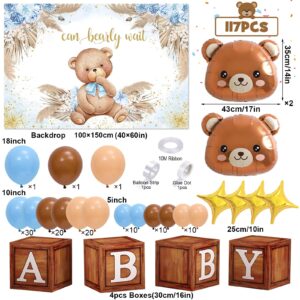 117 Teddy Bear Baby Shower Decorations for Boy Birthday Supplies Brown Blue Balloon Garland Kit Wood Grain Boxes with Letters Bearly Wait Backdrop Bear Theme Baby Shower Decor