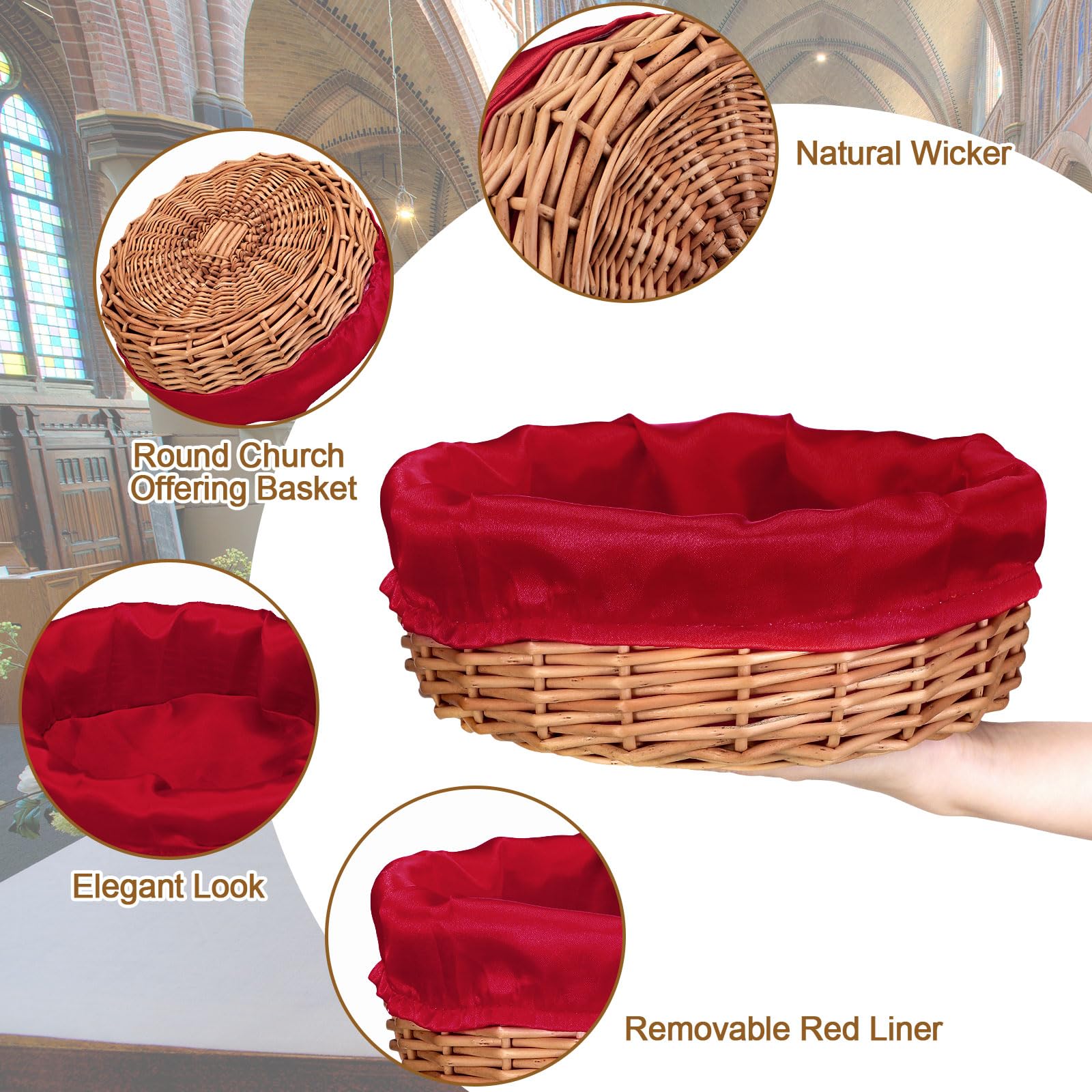 Hushee 3 Pack 9.1 Inch Round Offering Baskets for Church Wicker Offering Basket with Removable Liner Church Rattan Basket Bowls Wicker Woven Bread Basket for Church Receiving Gift(Red Liner)