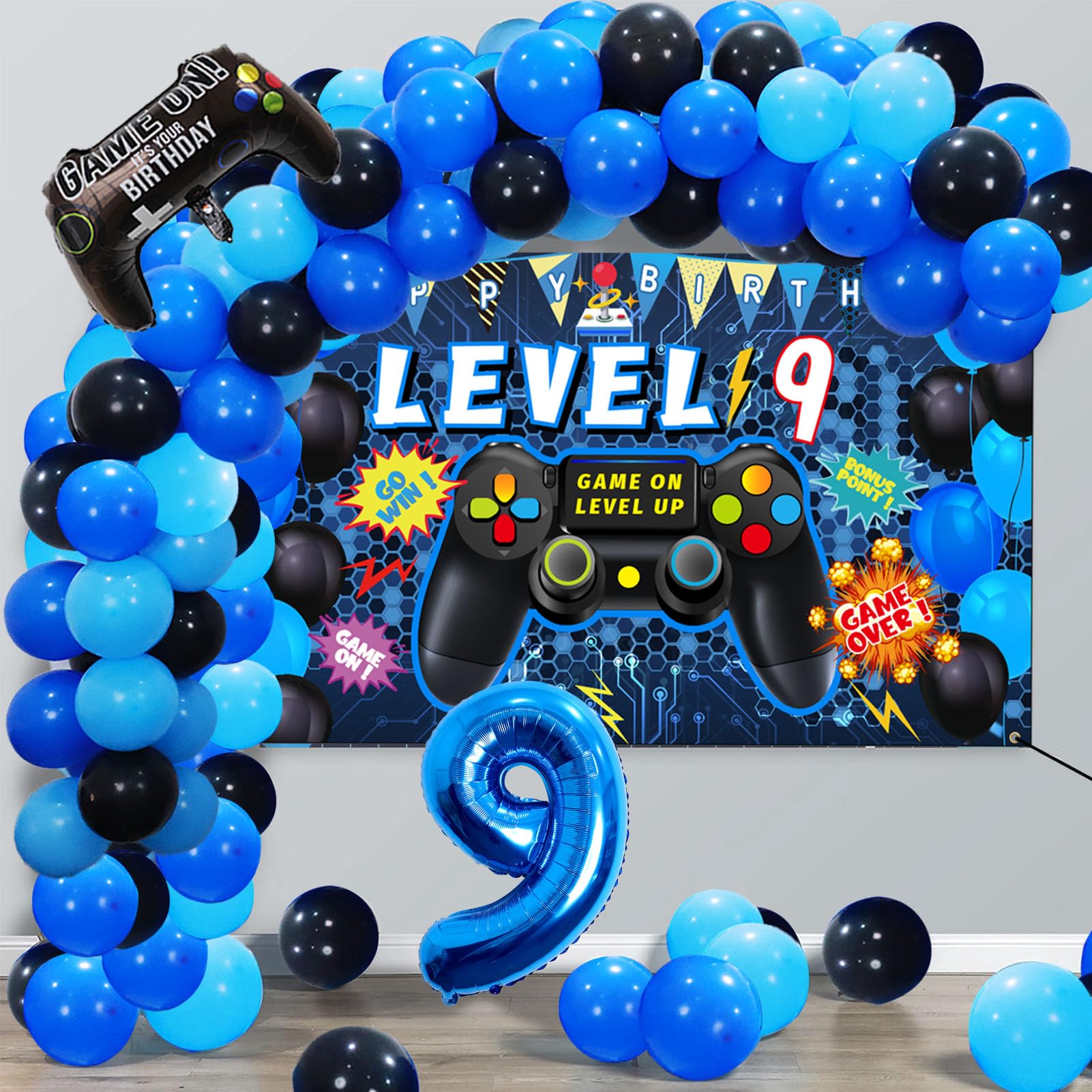 Vlipoeasn 90PCS 9th Birthday Video Game Party Decorations for Boys Set Blue 9th Birthday Supplies -9th Video Game Backdrop, Balloons, Tablecloth, Gamer and 9 Foil Balloons for 9th Birthday Party