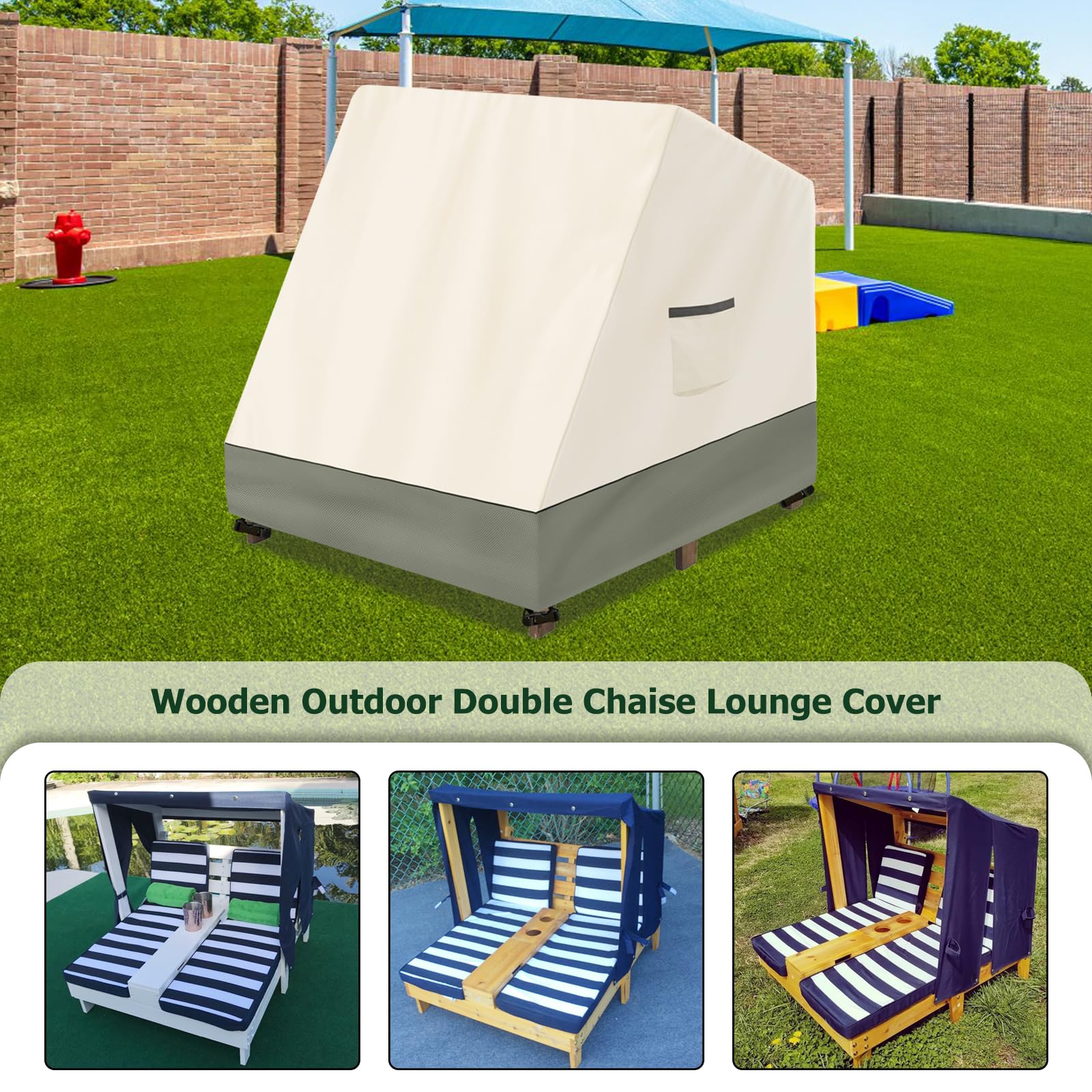 Sobana Kids Outdoor Double Chaise Lounge Cover for Wooden Double Chaise Lounge,Waterproof Patio Furniture Cover for Kids or Pets,Beige